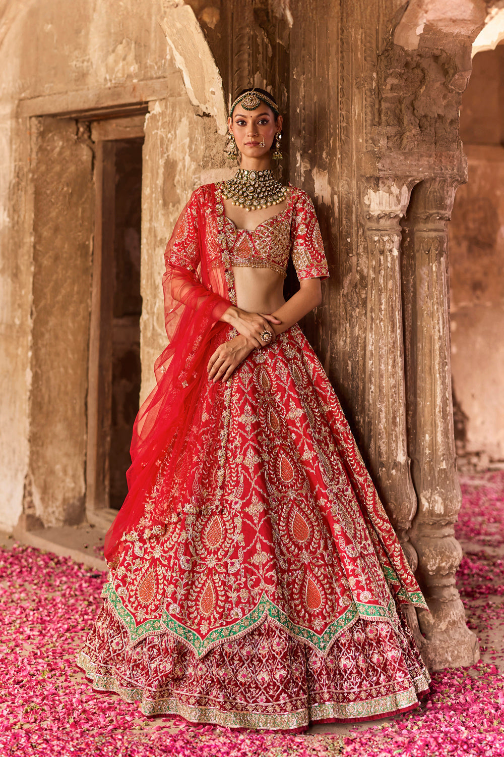 "Agasthi" Red Raw Silk Zardosi Embroidered Double Layer Bridal Lehenga ...
