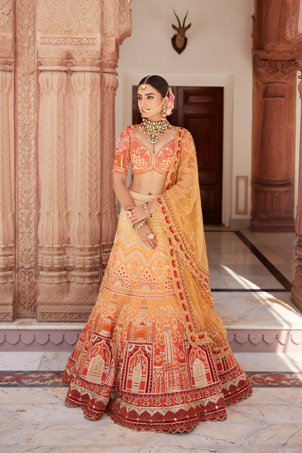 "Kesari" Shades Of Orange Ombre Bridal Lehenga Set – RONAK SHRUTI